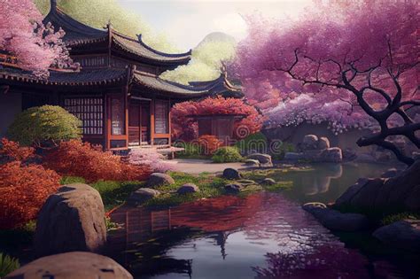 Japanese Temple With Spring Flowers Garden Asian Picturesque Landscape