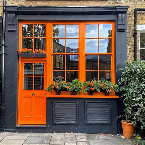 Two Windows With Orange Shutters On Each Side Of Them Premium Ai