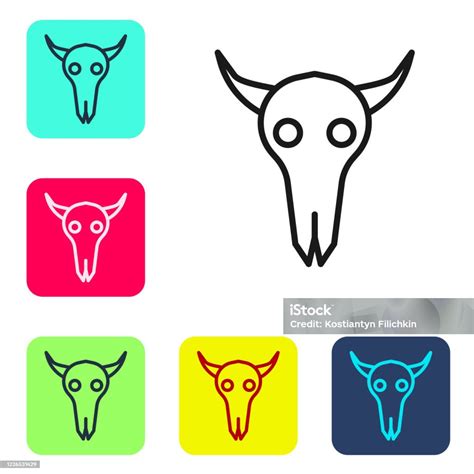 흰색 배경에 고립 된 검은 선 버팔로 두개골 아이콘입니다 색상 정사각형 버튼으로 아이콘을 설정합니다 벡터 일러스트레이션 문신에 대한 스톡 벡터 아트 및 기타 이미지 Istock