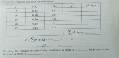 to find the variance complete the table below sigma 2 sumlimits [x2