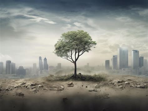 Premium AI Image Small Tree Next To Big Buildings Stop Cutting Tree Design Ai Generate