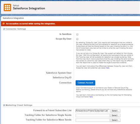 Marketing Cloud Salesforce Integration An Exception Occurred While