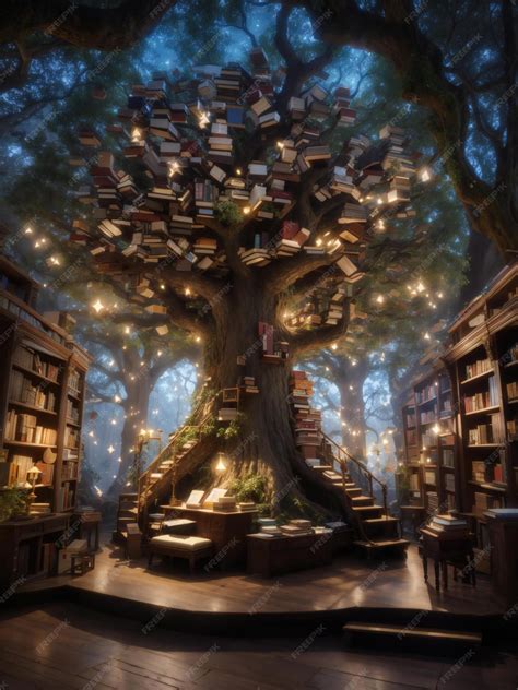Premium AI Image | A library within a giant tree filled with floating books and magical artifacts