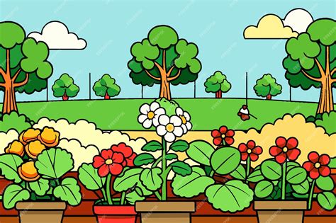 Premium Vector A Cartoon Drawing Of A Garden With A Tree And Flowers