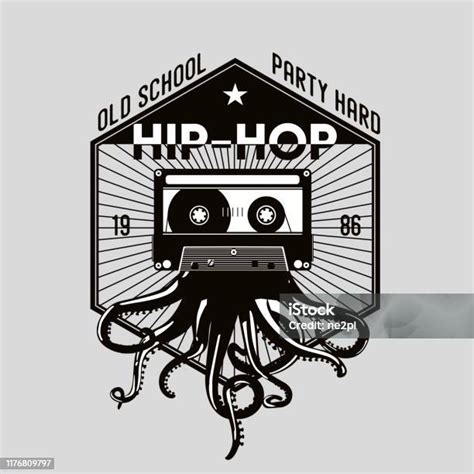 빈티지 음악 엠블럼 문어 촉수와 오디오 카세트 밤 파티 복고풍 아이콘입니다 댄스 페스티벌 템플릿입니다 Dj에 대한 스톡 벡터 아트 및 기타 이미지 Istock