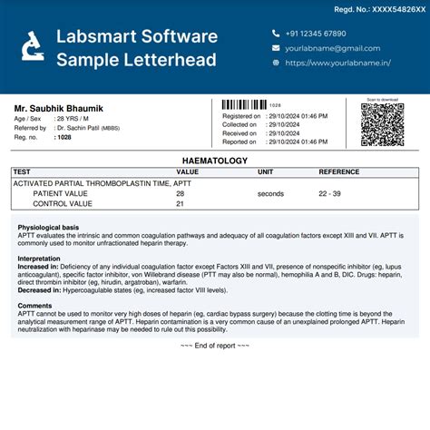 Activated Partial Thromboplastin Time Aptt Report Format Ms Word And Pdf