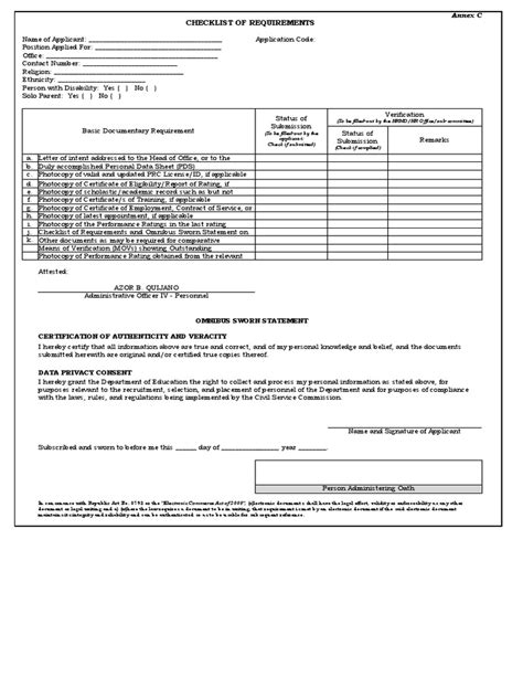 Annex C Checklist Of Requirements Includes Omnibus Sworn Statement Pdf