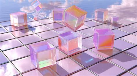 Iridescent Glass Cubes Floating On Reflective Metal Grid Dreamy Pastel Sky Surreal And