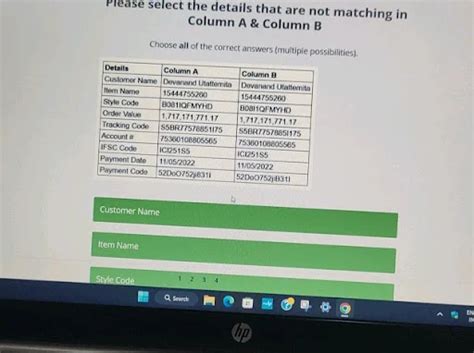prease select the details that are not matching in column a and column b
