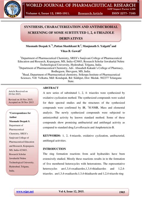 Pdf Synthesis Characterization And Antimicrobial Screening Of Some