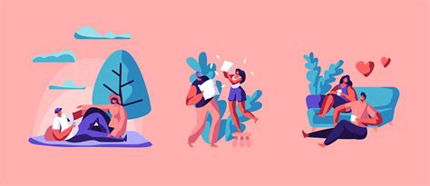 사랑하는 커플 여가 시간 세트입니다 행복한 남자와 여자는 함께 베개에 싸우고 집에서 차 또는 커피를 마시고 자연 야외에서