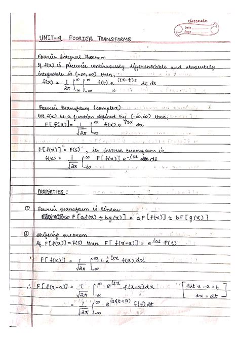 Unit 4 Maths Class Notes Classmate Date Page Fourier Transforms Fourier Integral Theorem If