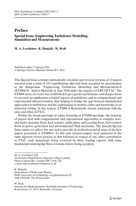 Pdf Engineering Turbulence Modelling Simulation And Measurements Preface Special Issue
