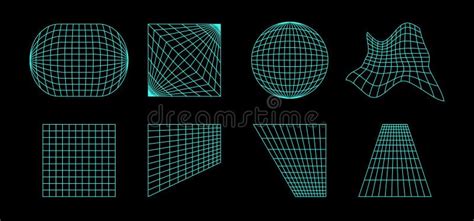 Neon Wireframe Elements Collection Geometric Surface Grid Of Different Shape Stock Vector