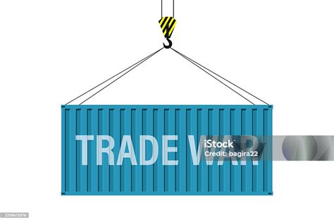 크레인 후크에 매달려있는화물 컨테이너 무역 전쟁 정면 보기에 텍스트 흰색 배경에 고립된 선적 컨테이너 비즈니스 및 운송 제한 걸이 장비에 대한 스톡 벡터 아트 및 기타