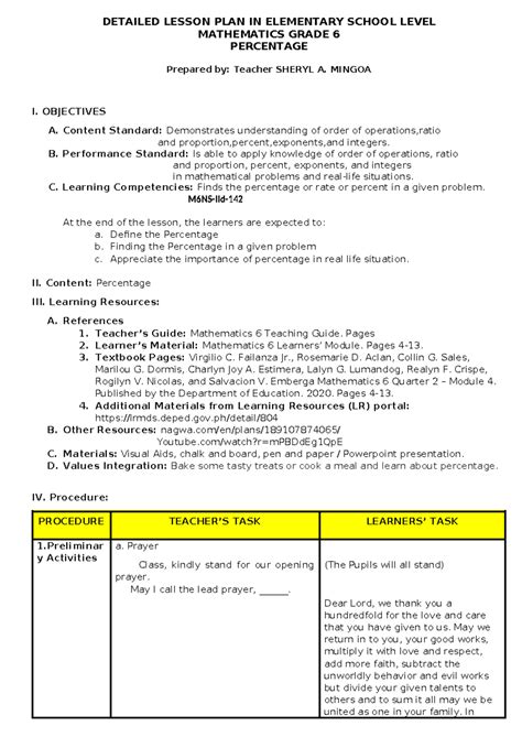Grade 6 Percentage Lesson Plan Detailed Lesson Plan In Elementary