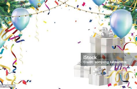 선물 상자 풍선 및 색종이 조각이 있는 휴일 배경입니다 벡터 일러스트 레이 션입니다 3차원 형태에 대한 스톡 벡터 아트 및 기타 이미지 3차원 형태 개념 개념과 주제