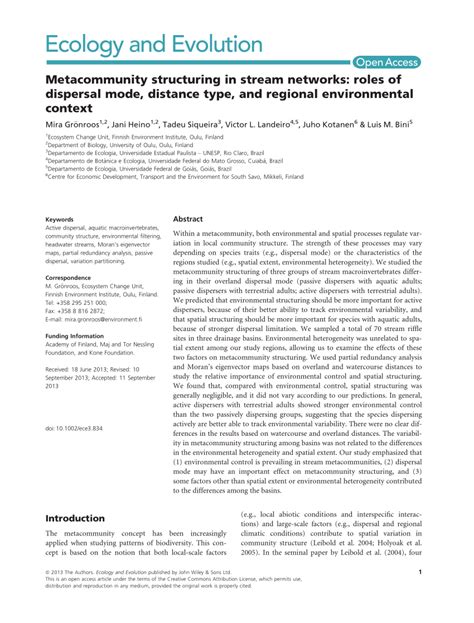 Pdf Metacommunity Structuring In Stream Networks Roles Of Dispersal