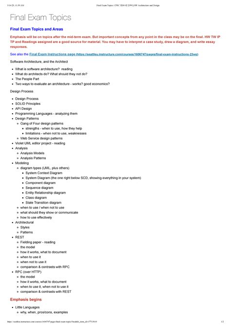 Final Exam Topics Cpsc 5200 02 23wq Sw Architecture And Design 31623 1139 Am Final Exam