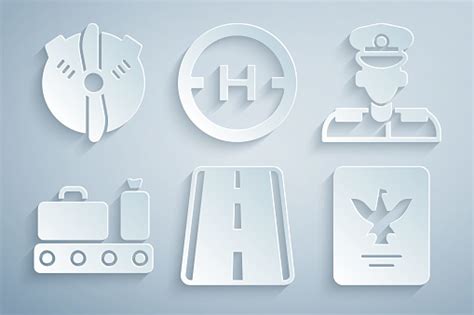 공항 활주로 파일럿 여행 가방이 있는 컨베이어 벨트 여권 헬리콥터 착륙장 및 비행기 프로펠러 아이콘을 설정합니다 벡터 3차원 형태에 대한 스톡 벡터 아트 및 기타 이미지