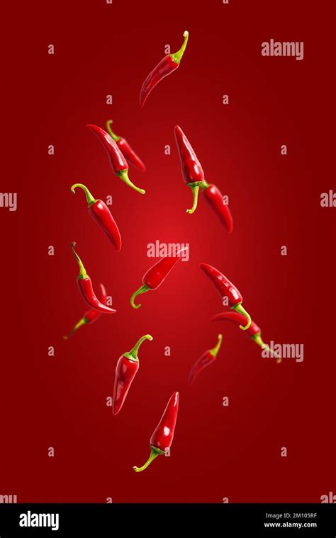 Fresh Red Chilli Peppers Floating In The Air Food Levitation Falling