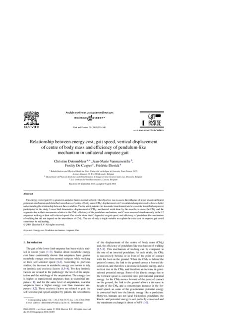 Pdf Relationship Between Energy Cost Gait Speed Vertical Displacement Of Centre Of Body Mass