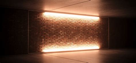 적 열 하는 네온 그런 지 벽돌 벽 콘크리트 바닥 천장 반사 3d 렌더링에 빈 조명이 오렌지 노란색 젖 빛된 유리 프레임 과학 Fi 미래 복고풍 클럽 무대를 주도 0명에