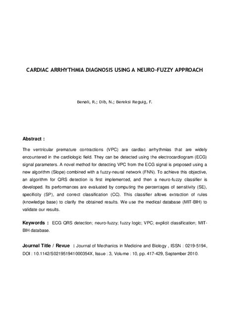 Pdf Cardiac Arrhythmia Diagnosis Using A Neuro Fuzzy Approach