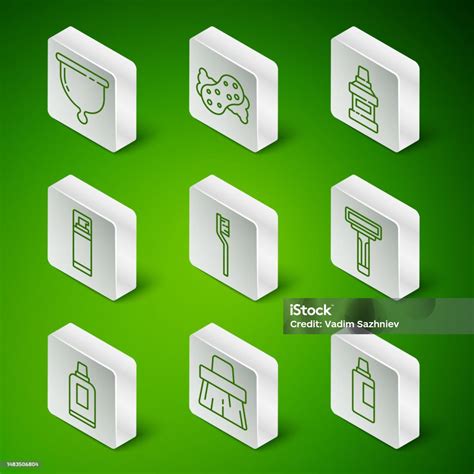 세정제 손잡이 빗자루 생리컵 칫솔 면도 젤 폼 스폰지 및 면도기 아이콘을 위한 라인 병을 설정합니다 벡터 3차원 형태에 대한 스톡 벡터 아트 및 기타 이미지 Istock