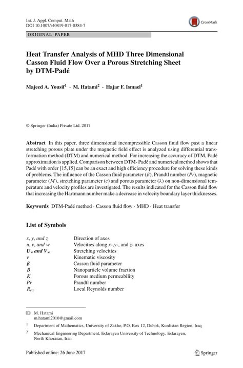Pdf Heat Transfer Analysis Of Mhd Three Dimensional Casson Fluid Flow
