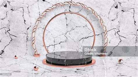 흰색 대리석 방 연단과 추상적 인 금 요소 둥근 받침대와 황금 아치 3d 렌더링 대리석 최소 구성 대리석에 대한 스톡 사진 및