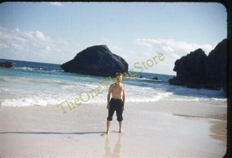 Handsome Man Beach Rock Shirtless 1950s 35mm Slide Red Border