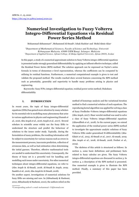 Pdf Numerical Investigation To Fuzzy Volterra Integro Differential Equations Via Residual