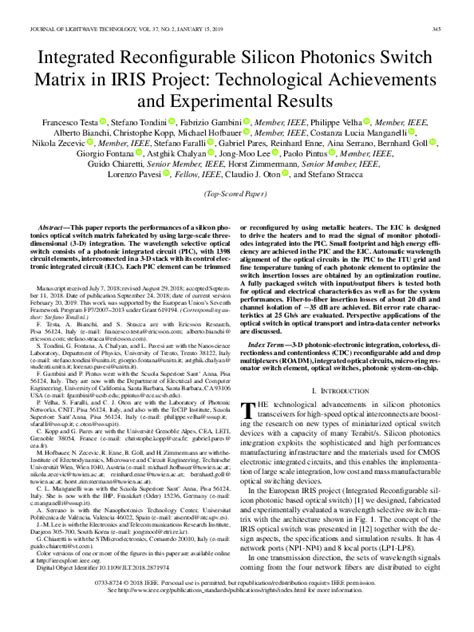 Pdf Integrated Reconfigurable Silicon Photonics Switch Matrix In Iris Project Technological