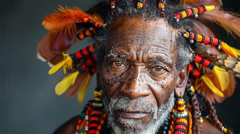 An Old Man With A Beard And Colorful Feathers On His Head Premium Ai
