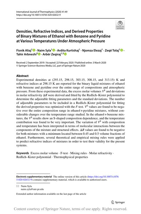 Densities Refractive Indices And Derived Properties Of Binary Mixtures Of Ethanol With Benzene