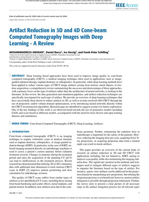 Pdf Artifact Reduction In 3d And 4d Cone Beam Computed Tomography Images With Deep Learning