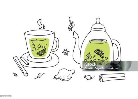 따뜻한 건강 차 음료 세트 머그컵과 찻주전자 그림 낙서 컵에 담긴 차 찻주전자 향신료 레몬 겨울 티 타임 아이콘의 벡터