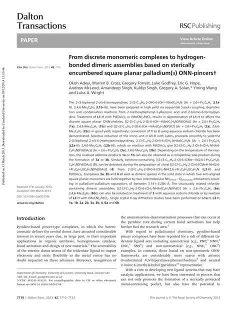 Pdf From Discrete Monomeric Complexes To Hydrogen Bonded Dimeric