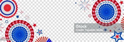 7 월 4 일 미국 독립 기념일 벡터 배너 템플릿입니다 종이 별이 있는 투명한 배경과 미국 국기 색상의 종이 부채 인사말 카드 전단지 레이아웃 및 포스터를 위한 머티리얼