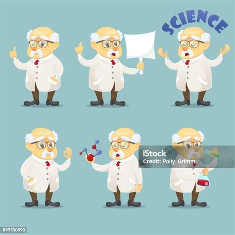 벡터 만화 그림 오래 재미 과학자 캐릭터 포즈 Eps10 안경 및 실험실 코트 세트 입고 건강관리와 의술에 대한 스톡 벡터 아트 및 기타 이미지 건강관리와 의술 과학