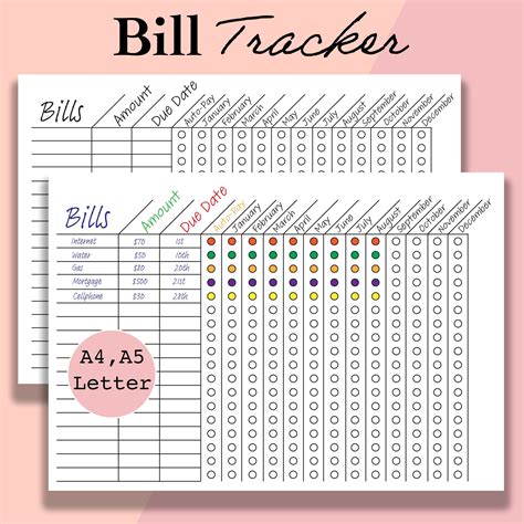 Bill Tracker Printable Monthlyyearly Bill Organizer A4 A5 Letter
