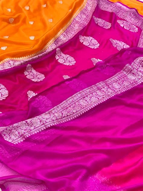 Orange Pure Chiffon Georgette Handwoven Banarasi Saree Hmr Heritage