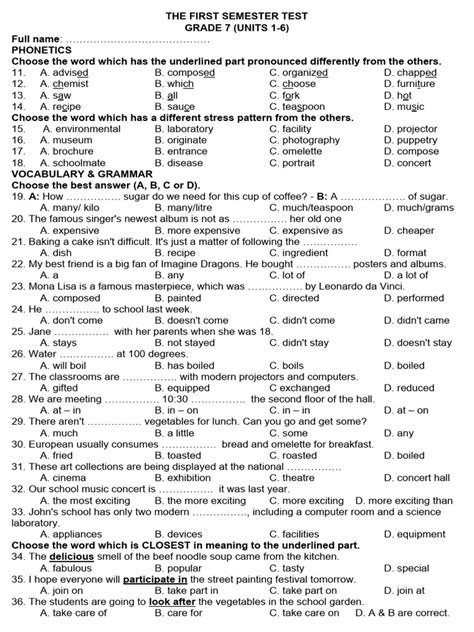 The First Semester Test Grade 7 Pdf Cuisine Food And Drink