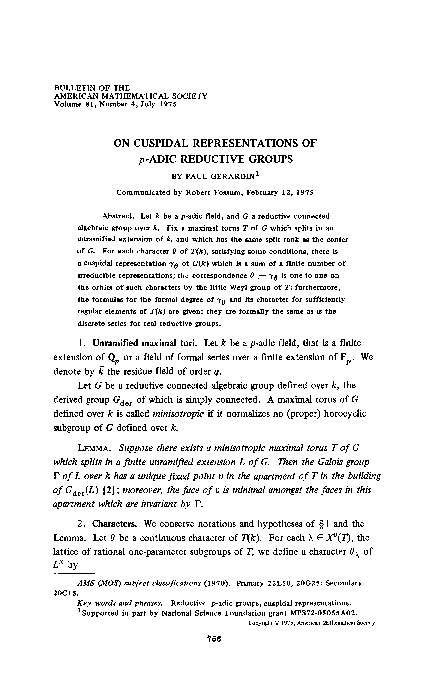 Pdf On Cuspidal Representations Of P Adic Reductive Groups