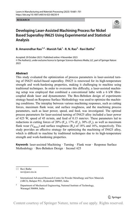 Developing Laser Assisted Machining Process For Nickel Based Superalloy In625 Using Experimental