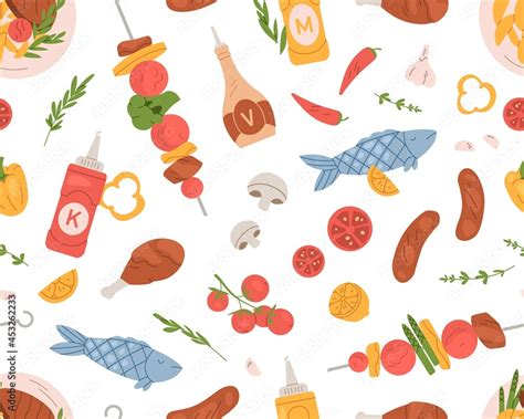 Seamless Bbq Pattern With Barbecue Grilled Food On White Background