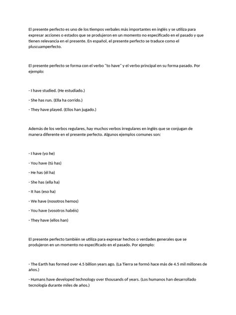 El Presente Perfecto Y Ejemplos Pdf