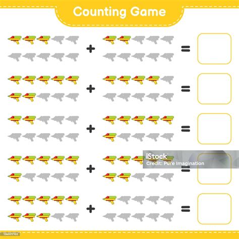 카운트 앤 매치 워터 건 수를 계산하고 올바른 숫자와 일치합니다 교육 어린이 게임 인쇄 워크 시트 벡터 일러스트레이션 0명에 대한 스톡 벡터 아트 및 기타 이미지 Istock