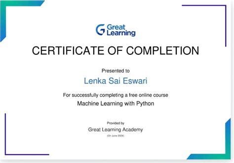 completed machine learning 🤖 course at great learning lenka saieswari